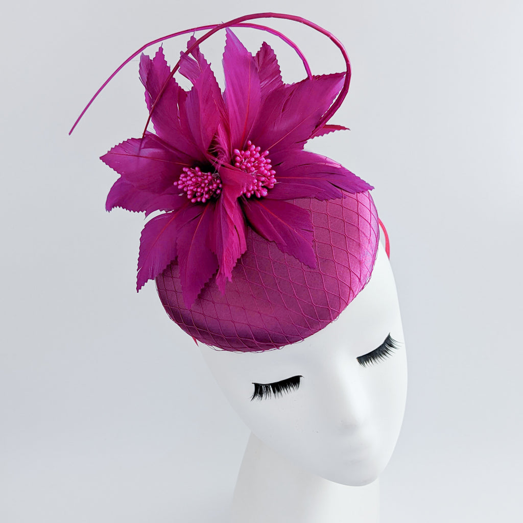 Magenta pink feather satin fascinator hat – House of Hats