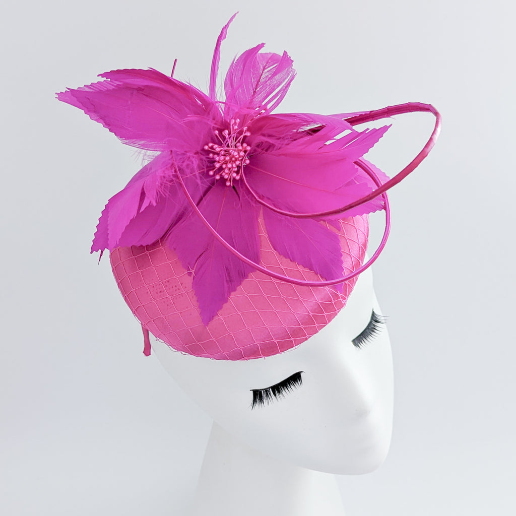 Hot pink feather satin fascinator hat – House of Hats