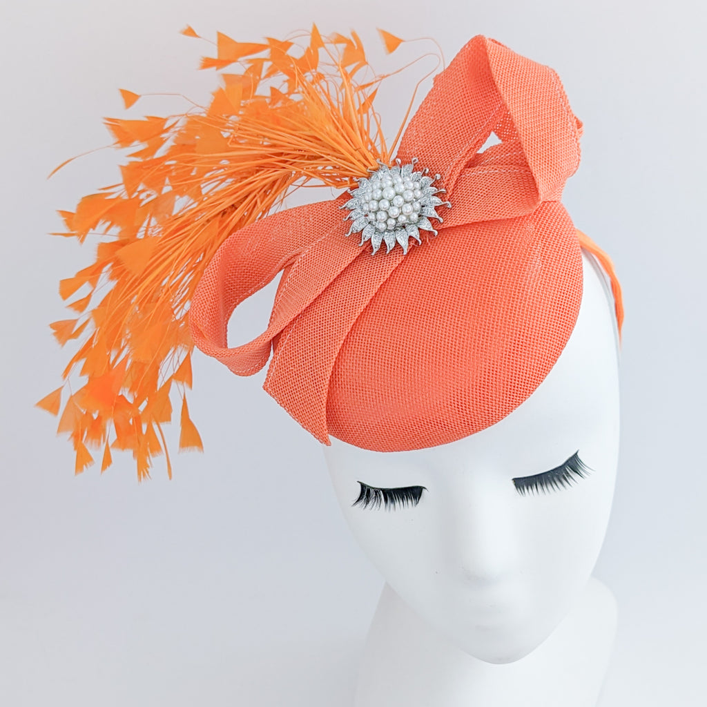 Coral orange feather pearl fascinator hat – House of Hats