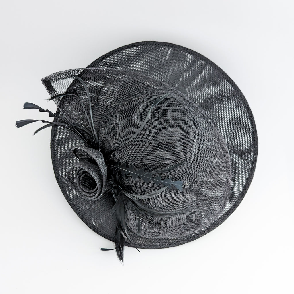 Black large disc saucer feather fascinator hat – House of Hats