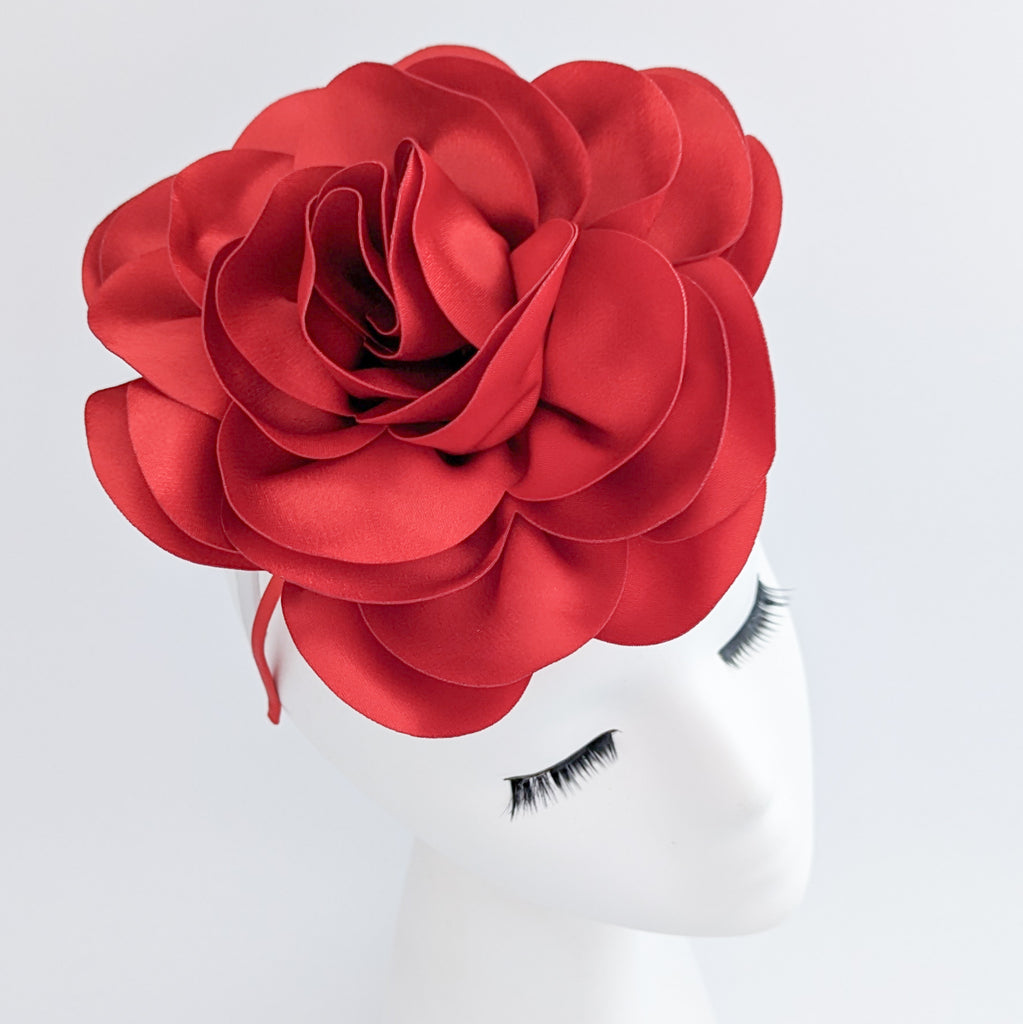 Large red satin rose fascinator hat – House of Hats
