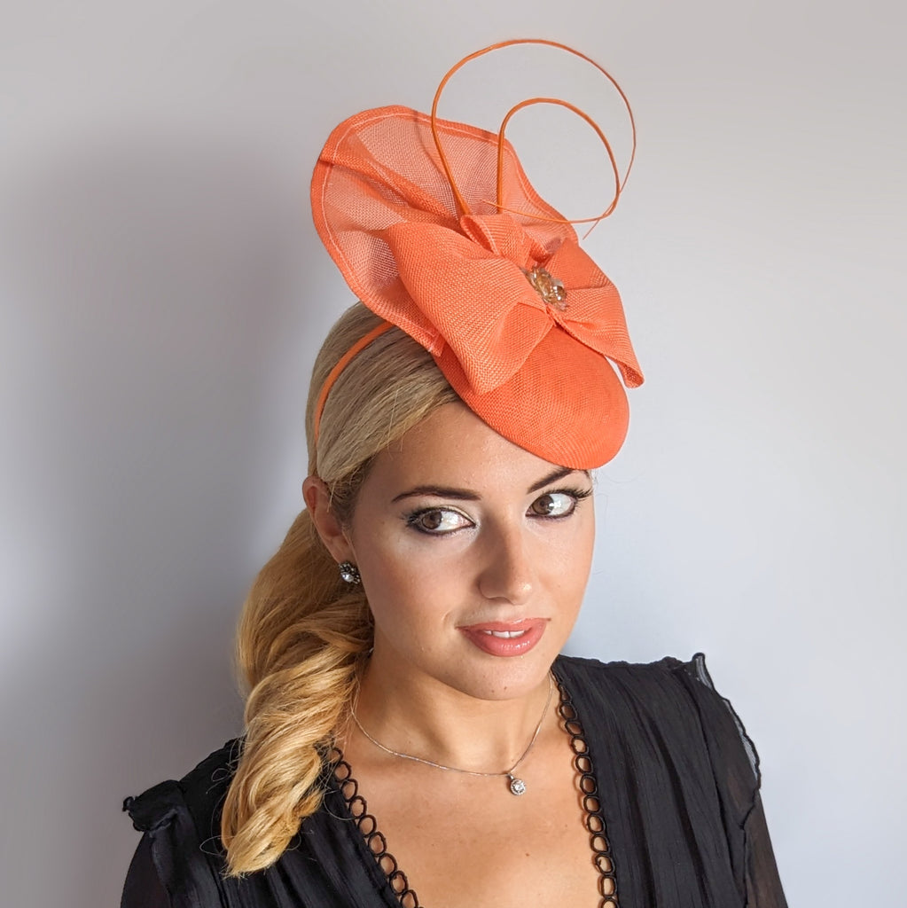Coral orange crystal bow fascinator hat – House of Hats