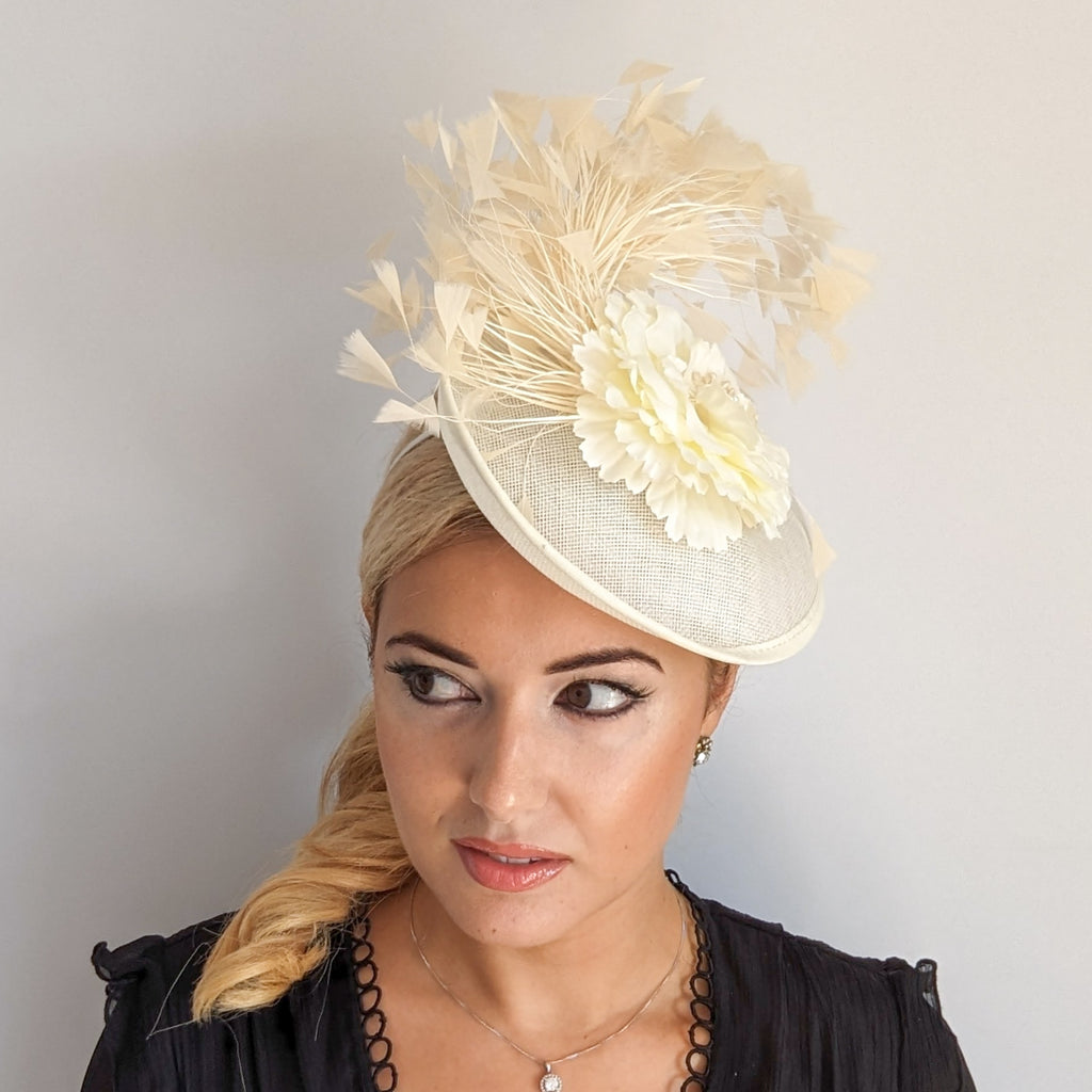 Cream flower feather disc saucer fascinator hat – House of Hats
