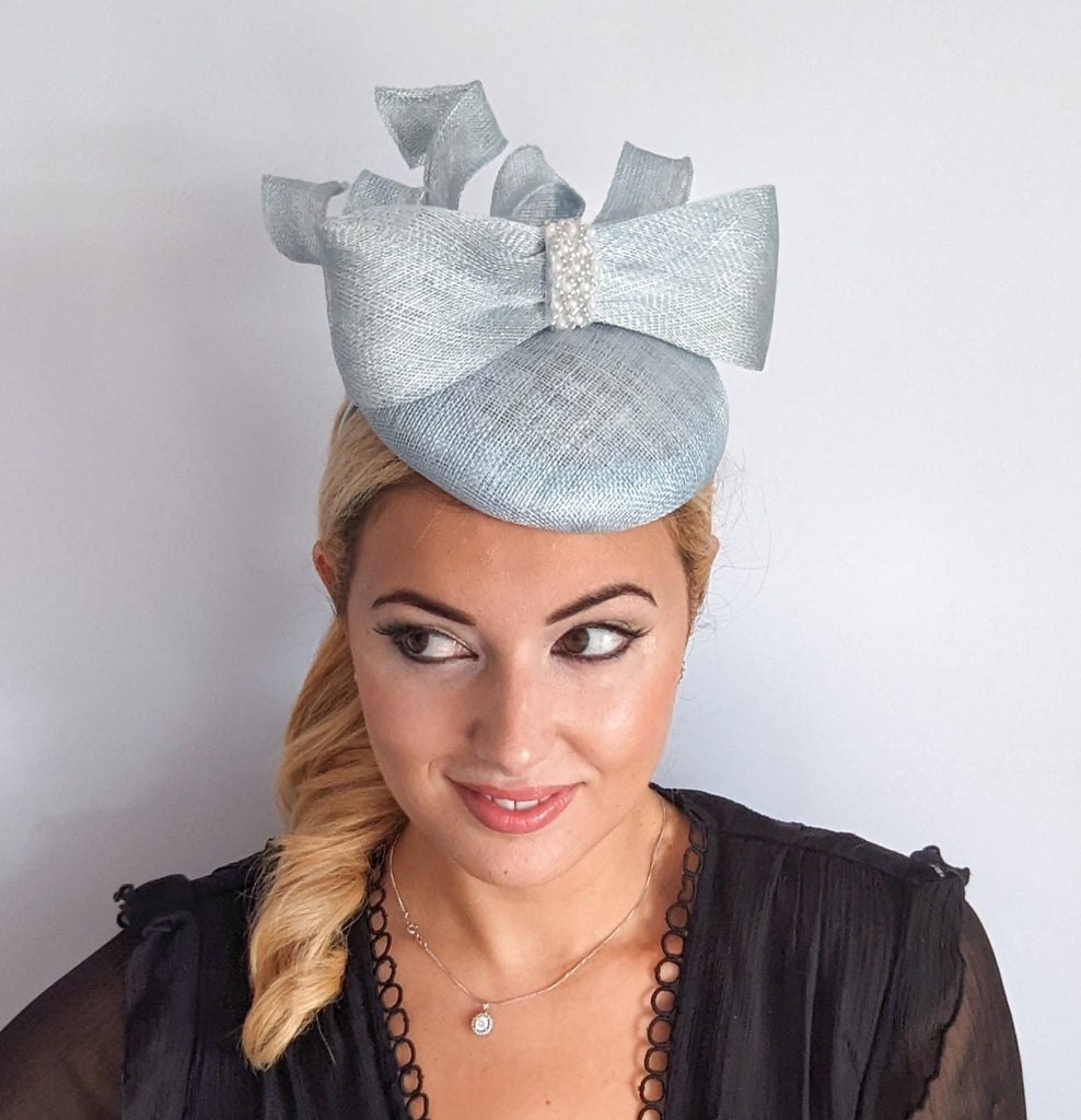 Aquamarine blue crystal bow fascinator hat – House of Hats