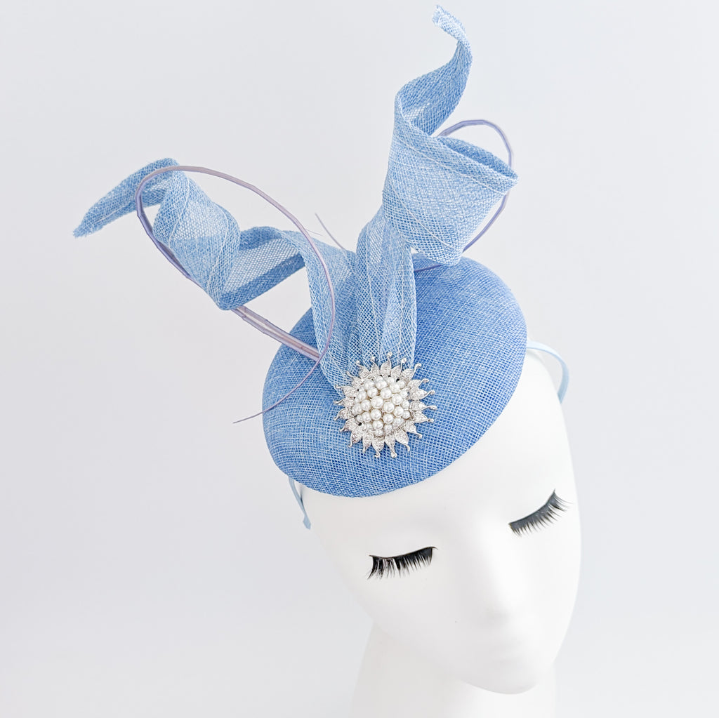 Light cornflower blue pearl fascinator hat – House of Hats