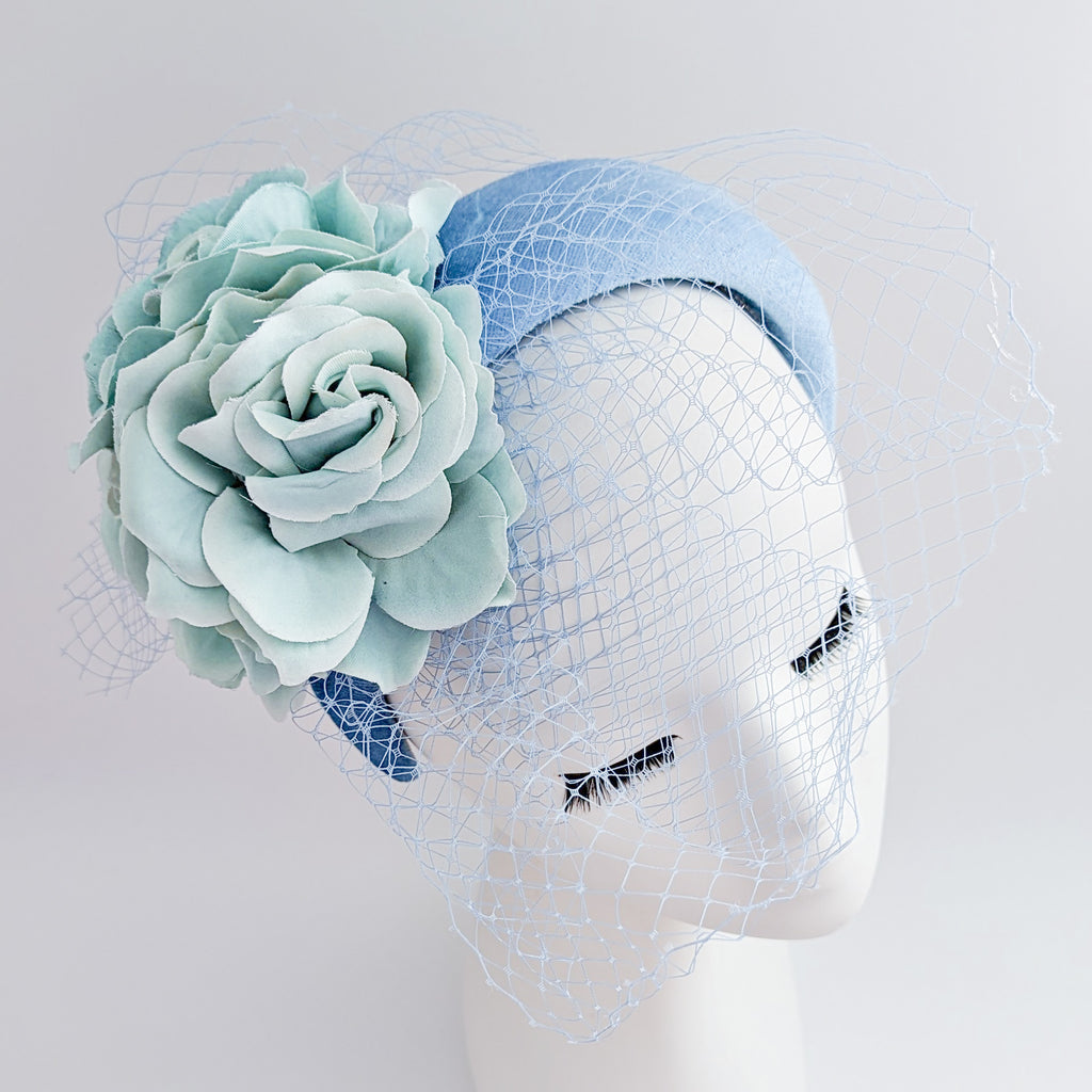 Light cornflower blue aquamarine flower padded velvet headband fascina ...