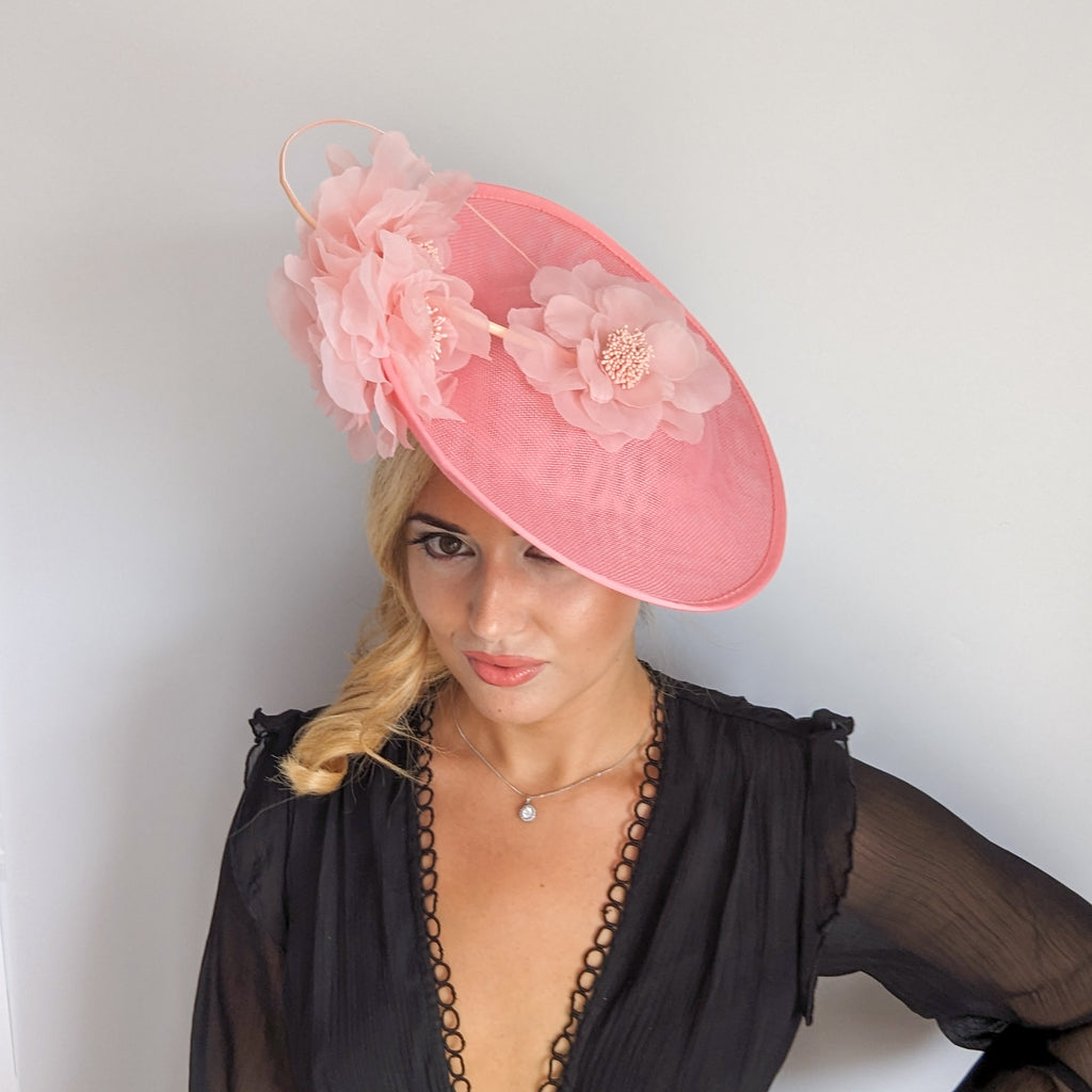 Pink large flower saucer disc fascinator hat – House of Hats