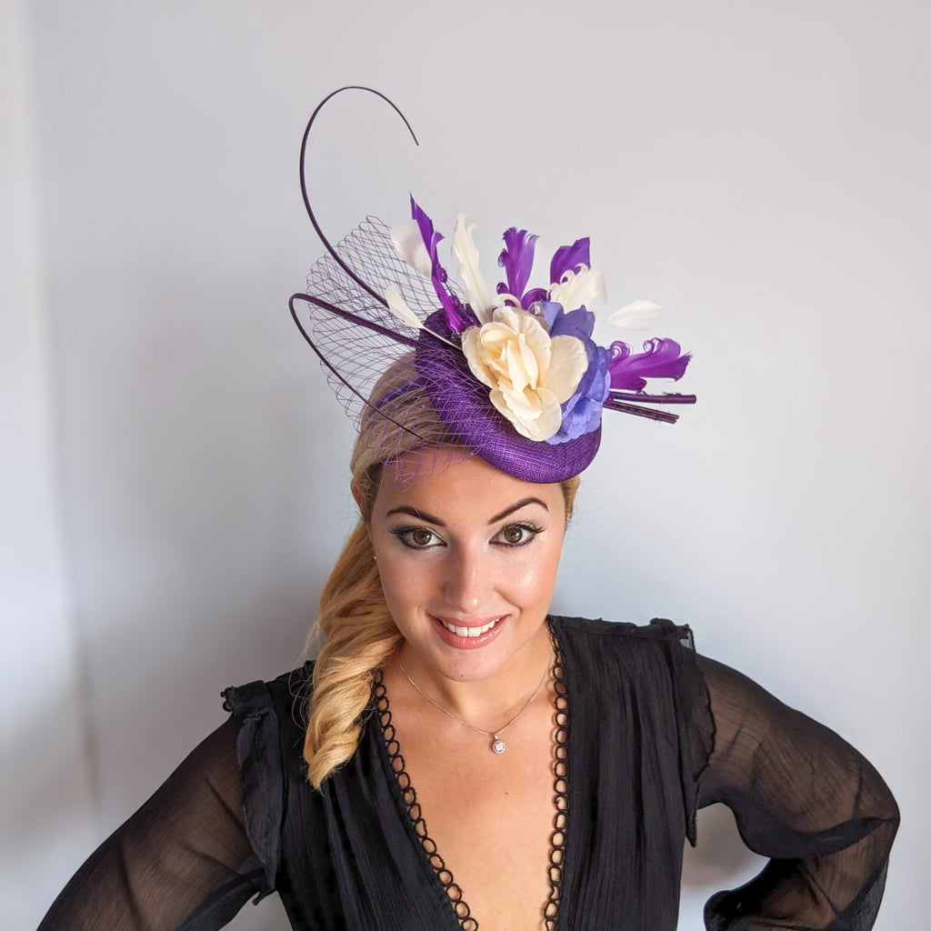 Cadbury purple flower feather fascinator hat – House of Hats