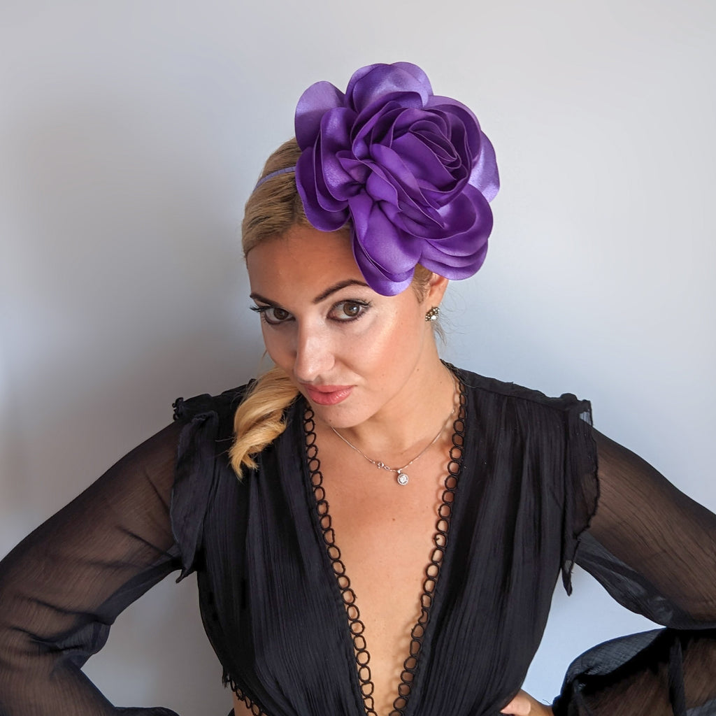 Large violet purple satin rose fascinator hat – House of Hats