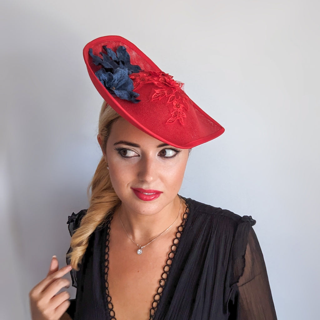 Red and navy large teardrop flower fascinator hat – House of Hats