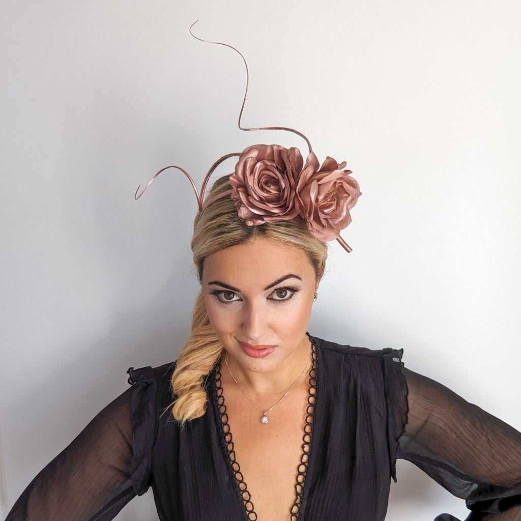Rose gold shimmer rose flower fascinator hat – House of Hats