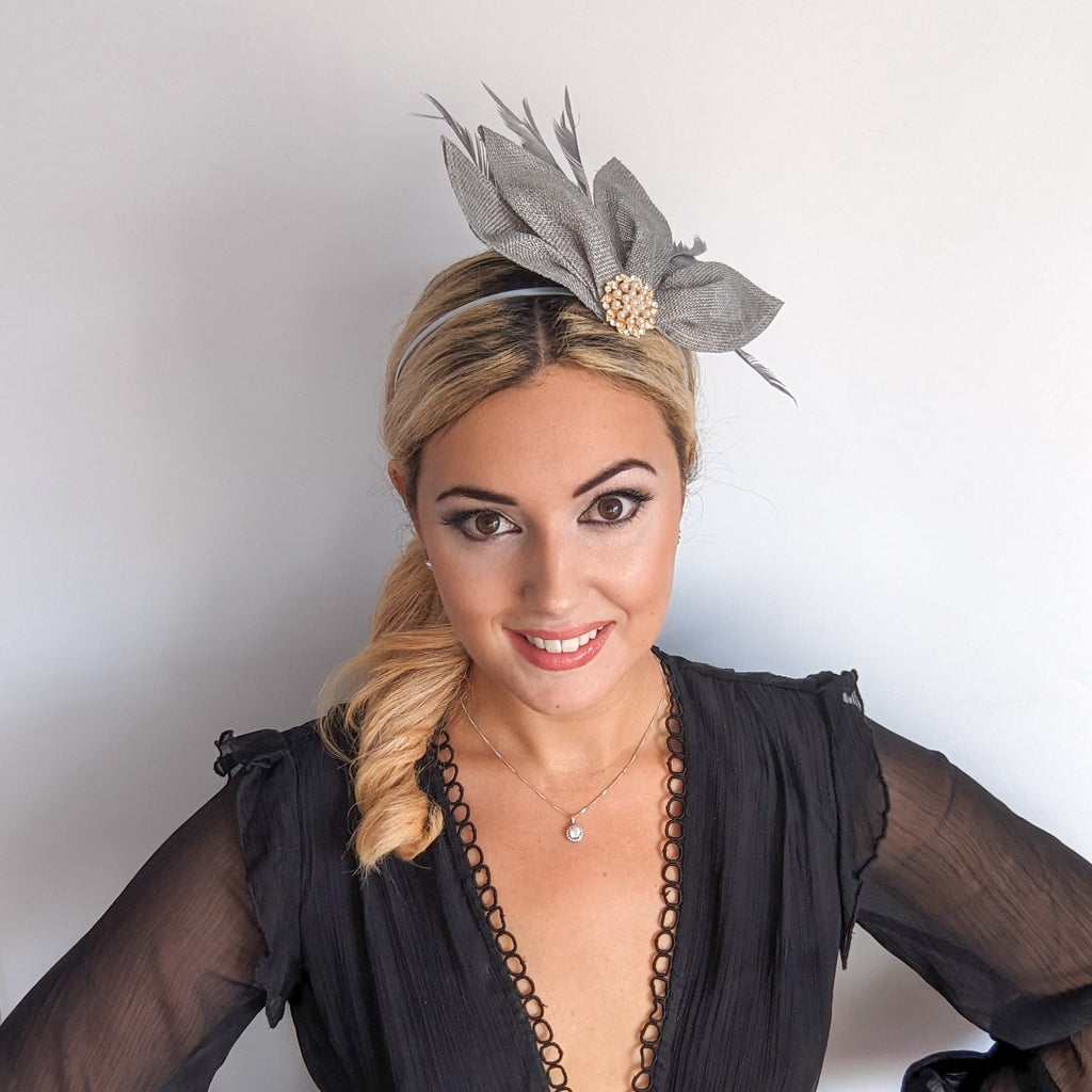 Silver shimmer feather petal fan fascinator hat – House of Hats