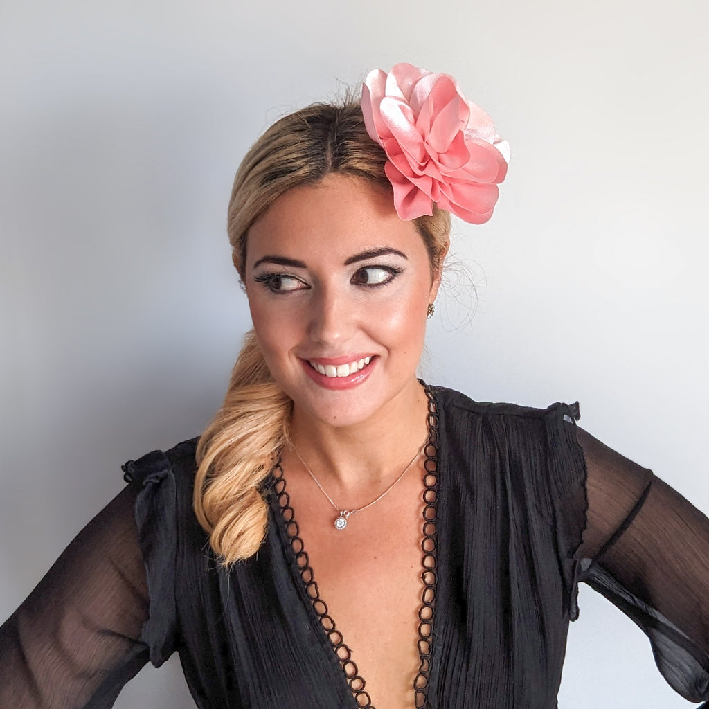 Light pink satin rose fascinator hat – House of Hats