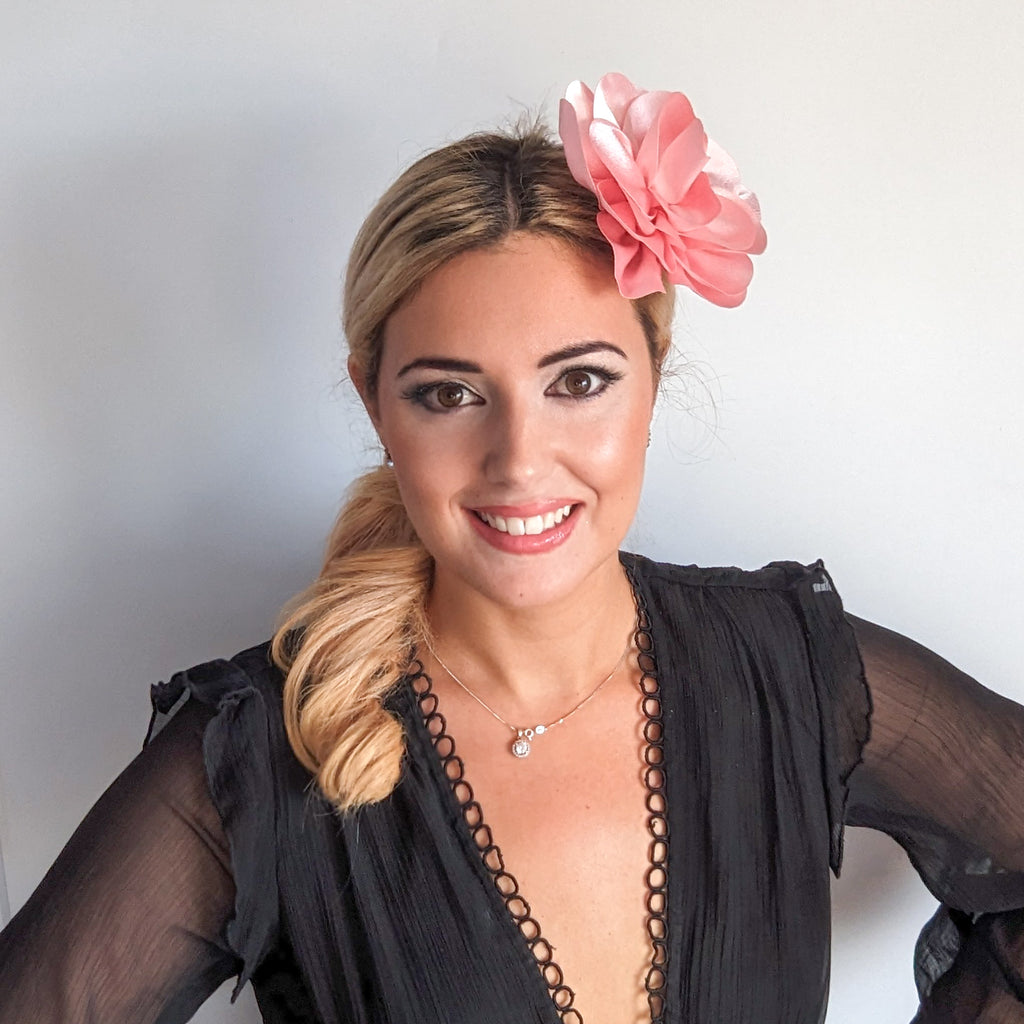 Light pink satin rose fascinator hat – House of Hats